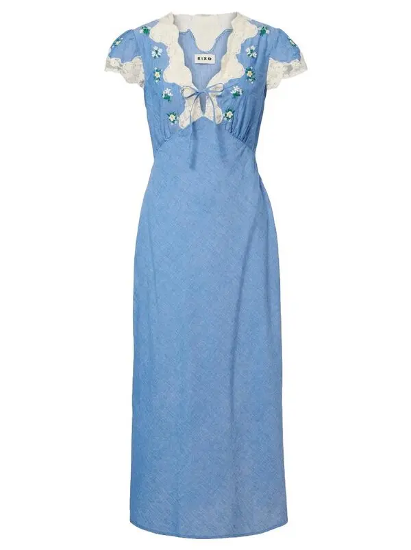 Rixo Amari Embroidered Cotton Midi Dress - Blue