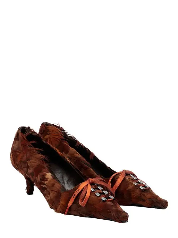 Prada Feather-trimmed Satin Pumps - Brown