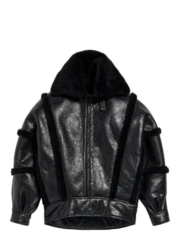 Balenciaga High Collar Leather Jacket With Shearling Details And Lining - Black