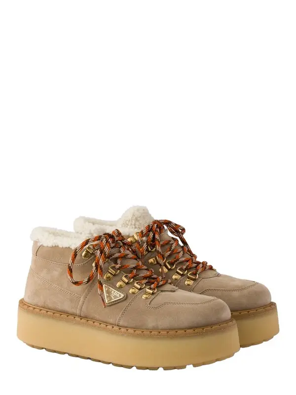 Prada Shearling-lined Suede Booties - Neutral
