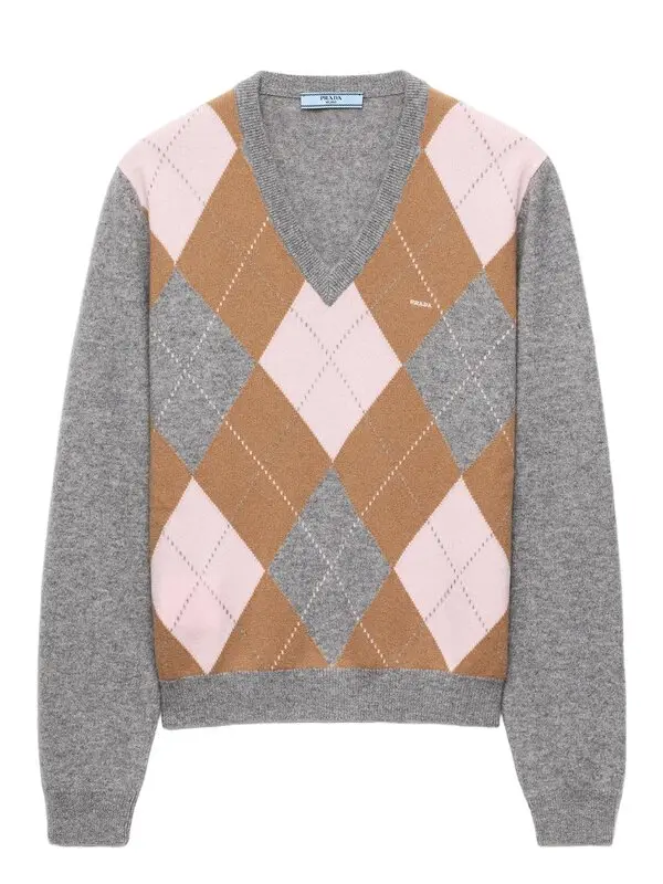 Prada Argyle Cashmere V-neck Sweater - Grey