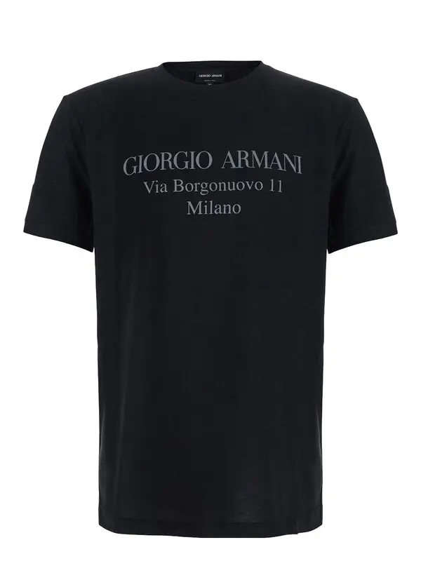 Giorgio Armani Crew Neck T-shirt With Address Print In Cotton For - Black