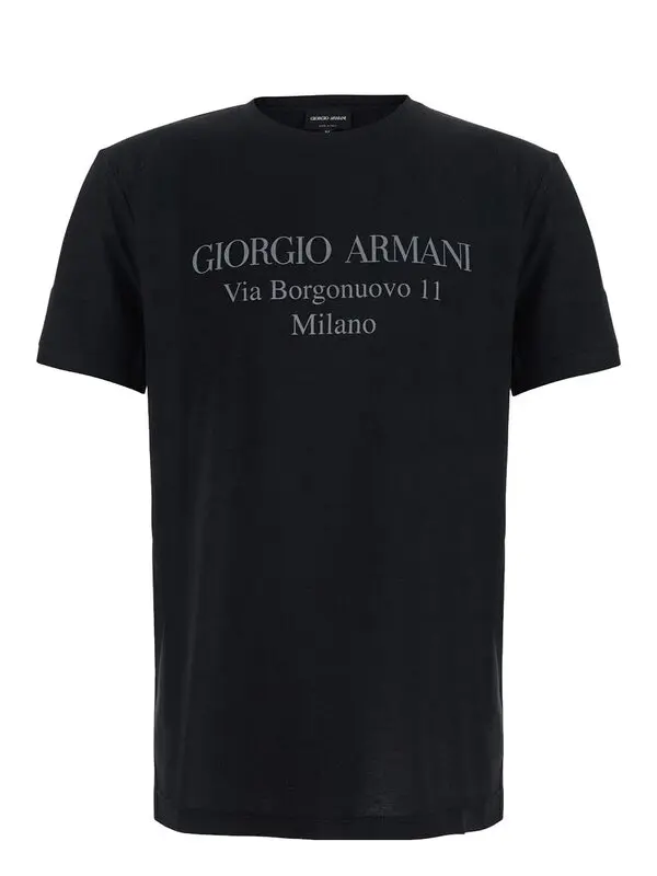 Giorgio Armani Crew Neck T-shirt With Address Print In Cotton For - Black