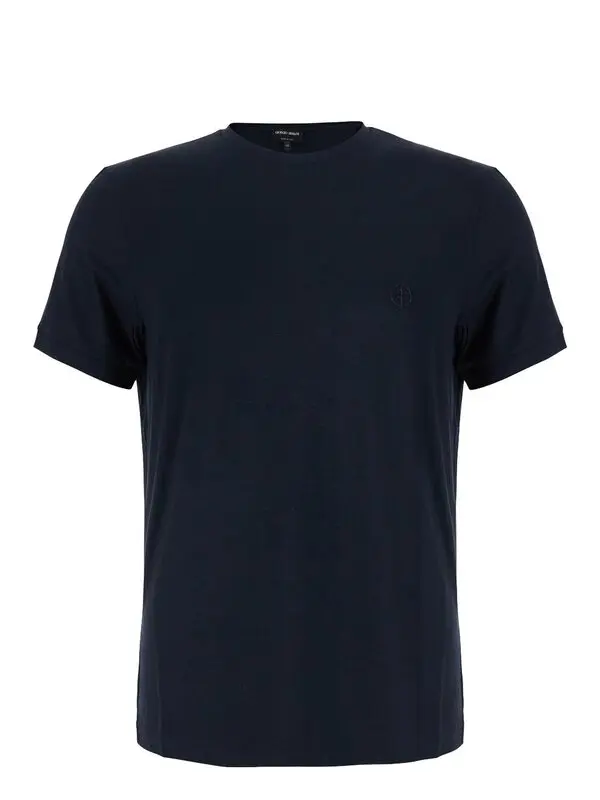 Giorgio Armani Crew Neck T-shirt With Chest Embroidery And Long Sleeves In Blue Cotton For - Multicolor