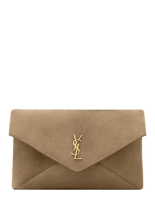 Saint Laurent Cassandre Large Envelope Pouch In Suede In Beige - Light Cumin