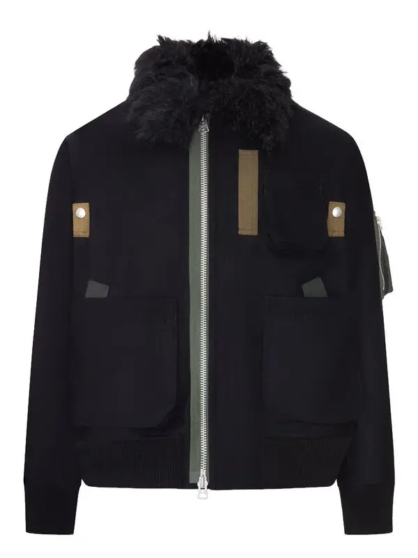 Sacai Bomber Jacket With Faux Fur Collar - Black