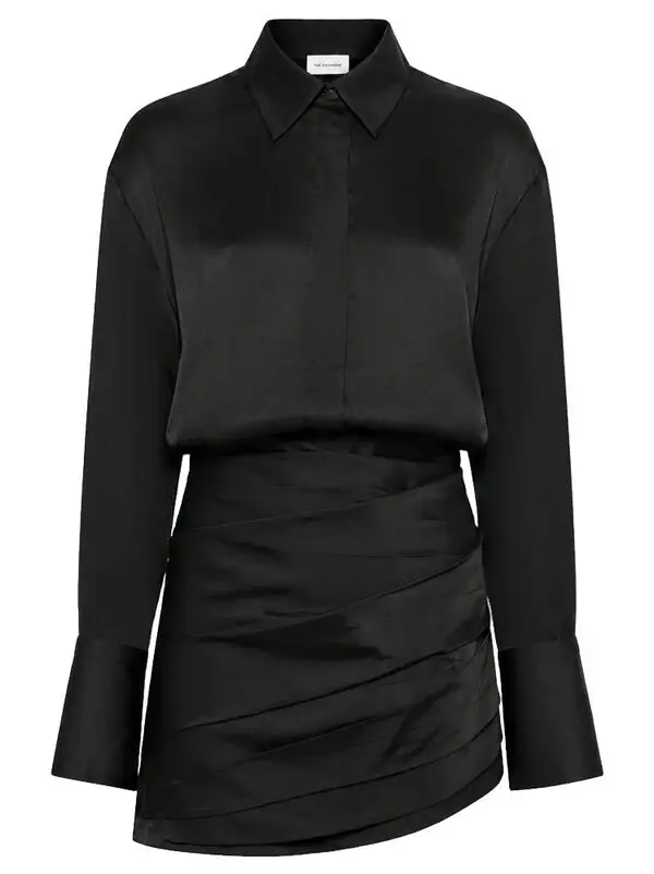 Andamane Satin Mini Shirt Dress With Draped Skirt - Black