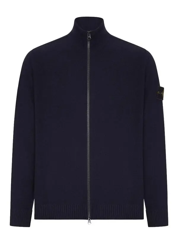 Stone Island Full Zip Wool Sweater With High Neck - Blue