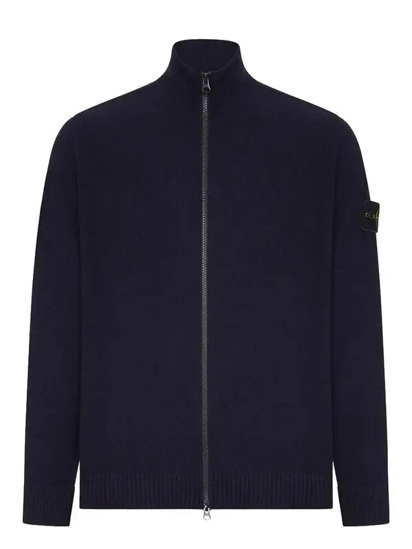 Stone Island Full Zip Wool Sweater With High Neck - Blue