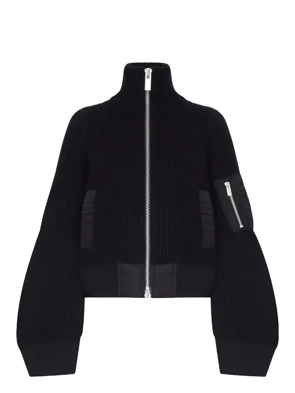 Sacai Ribbed Knit Blouson With Nylon Inserts - Black