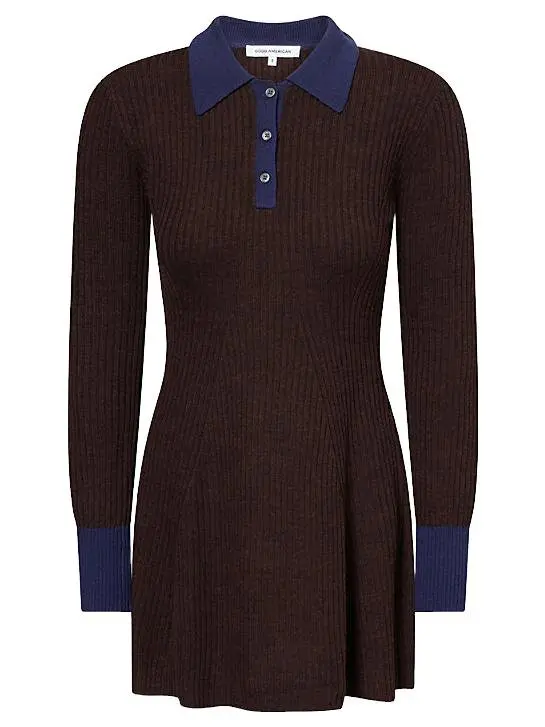 Good American The Knitted Polo Wool Mini Dress - Espresso