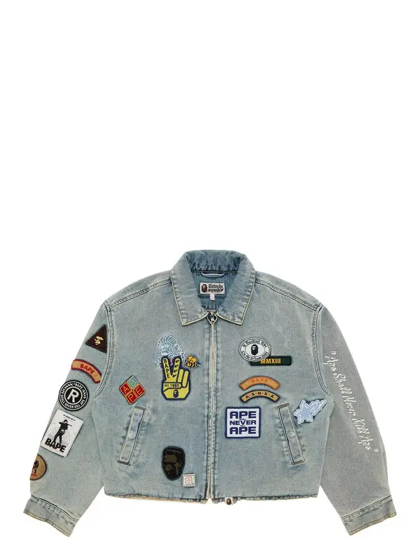 A BATHING APE Multi Logo Denim Boxy Cropped Jacket 'light Indigo - Blue