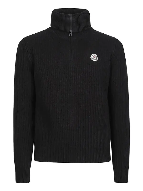 Moncler Ribbed Wool Turtleneck With Logo - Black