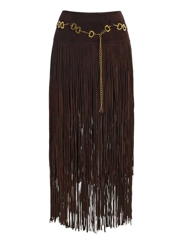 Cara Cara Fringe Lamb Suede Midi Skirt - Brown