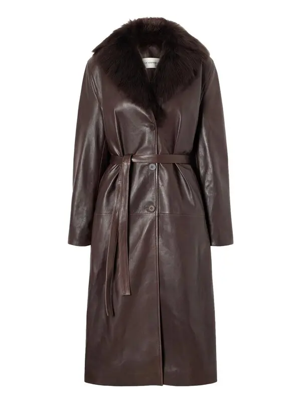 Nour Hammour Niven Belted Shearling-trimmed Leather Trench - Brown