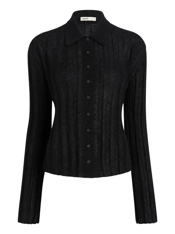Khaite Classic Mohair-silk Ribbed Knit Collared Cardigan - Nero