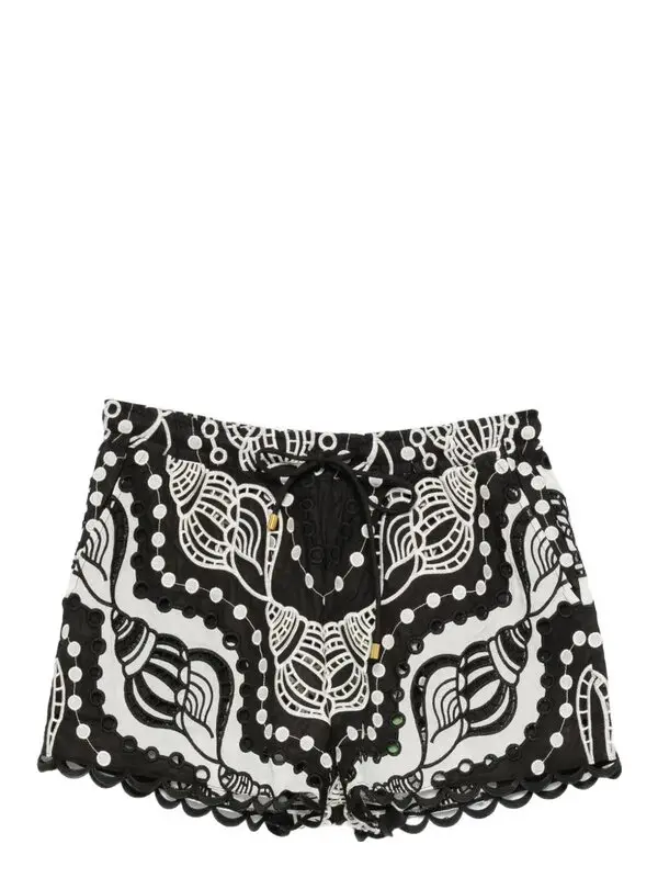 Farm Rio Embroidered Mini Shorts With Side Pockets & Drawstring Waist - Nero