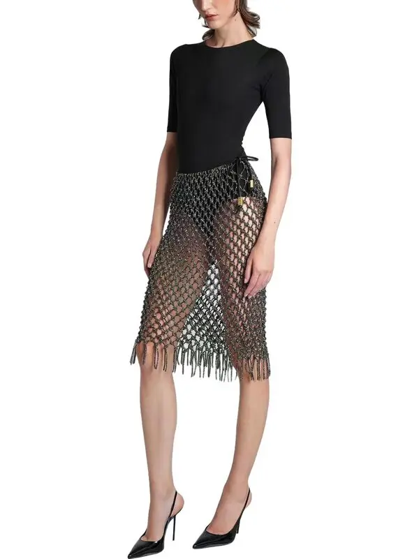 HIBOURAMA Crystal Woven Fringed Midi Skirt - Black