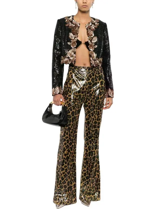 Pamella Roland Sequinned Leopard-print Skinny Flare Pants - Brown