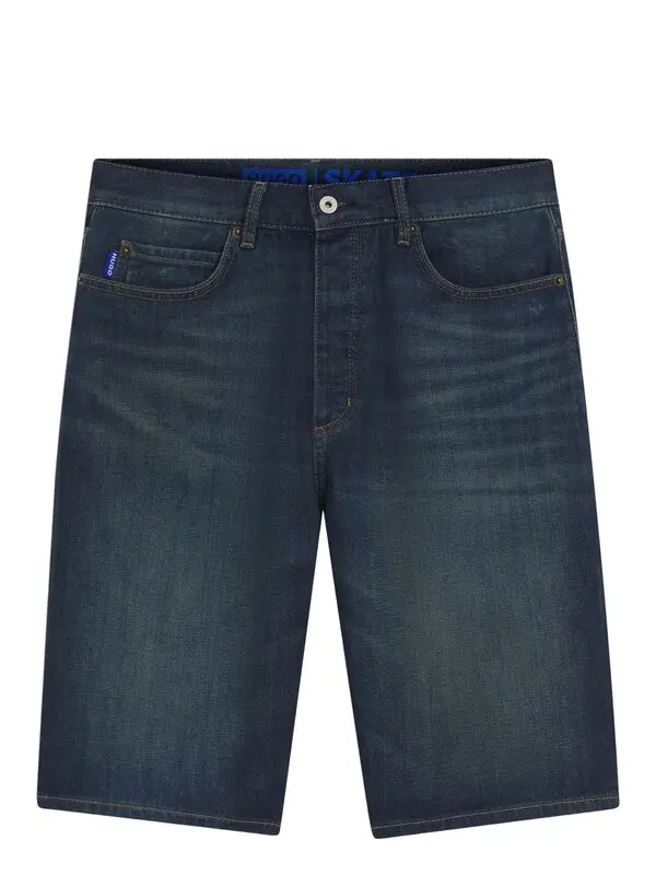 Hugo Straight-fit Shorts In Broken Twill Fabric - Dark Blue