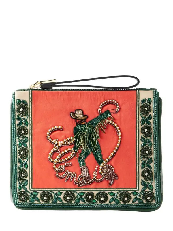 ALEMAIS Ace Embellished Leather-trimmed Satin Clutch - Green