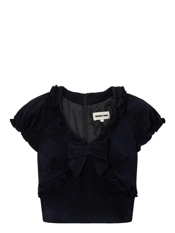 SHUSHU/TONG Crisscross Bow-detailed Ruffled Cropped Top - Blue