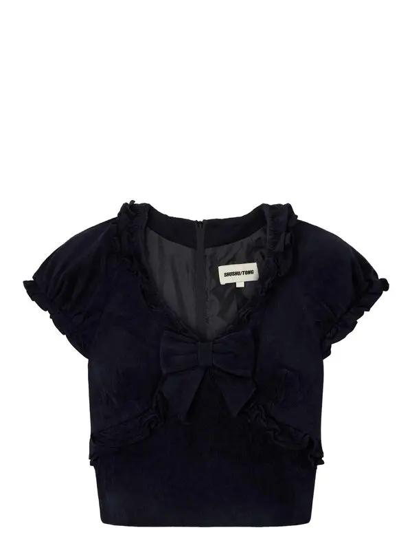 SHUSHU/TONG Crisscross Bow-detailed Ruffled Cropped Top - Navy