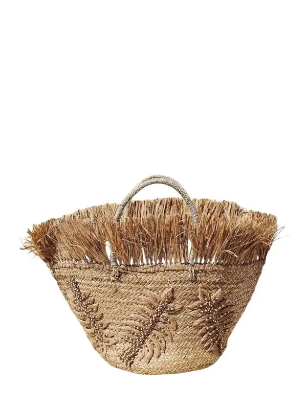 OHSUN Hand-embroidered Straw Tote With Fringe And Gold-tone Bead Detailing - Yellow