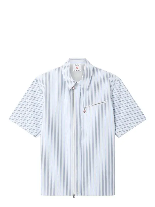 Casablanca White & Striped Nylon Short Sleeve Shirt - Blue
