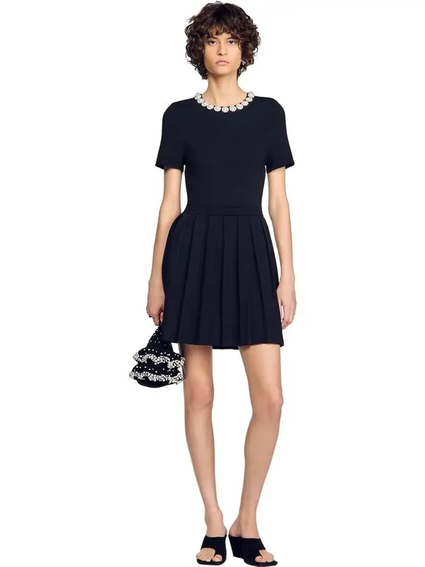 Sandro Short Dress With Beaded Flowers - Black