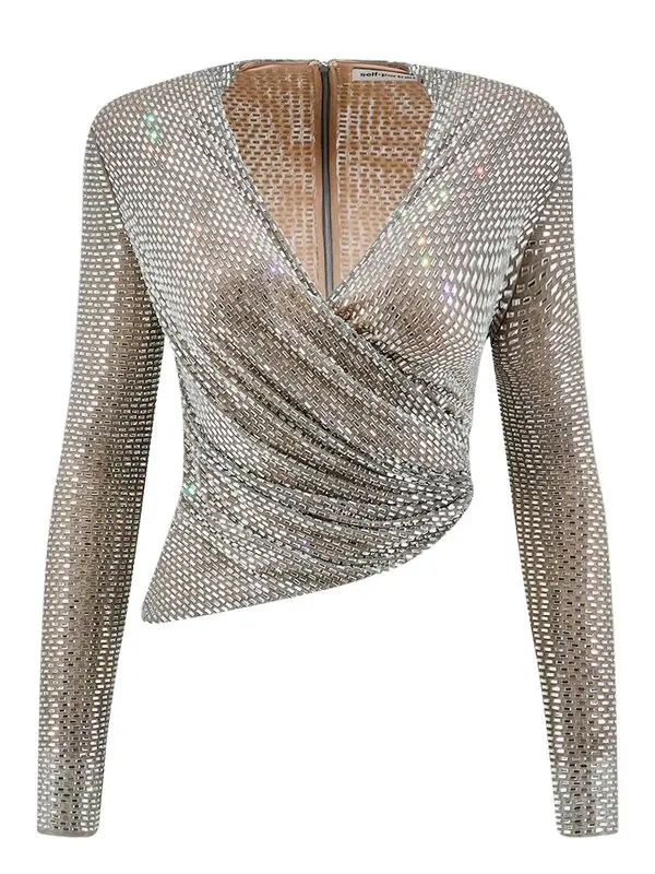 SELF-PORTRAIT Mesh Top With Allover Rhinestones - Grey