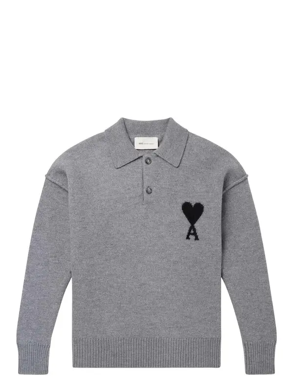 AMI Paris Logo-instarsia Wool Polo Sweater - Gray