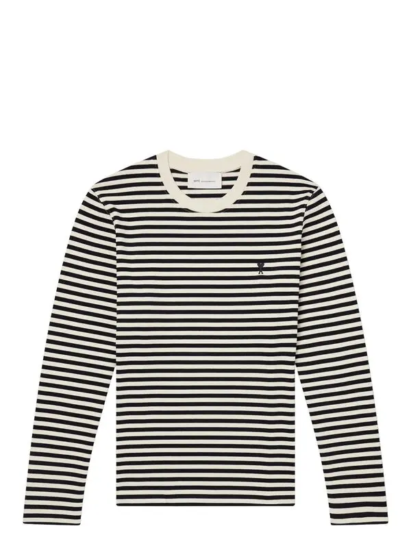 AMI Paris Logo-embroidered Striped Cotton-jersey T-shirt - Black