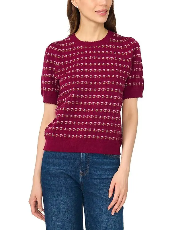 CECE DUPRAZ Flower Pointelle Short Sleeve Cotton Sweater - Deep Mulberry