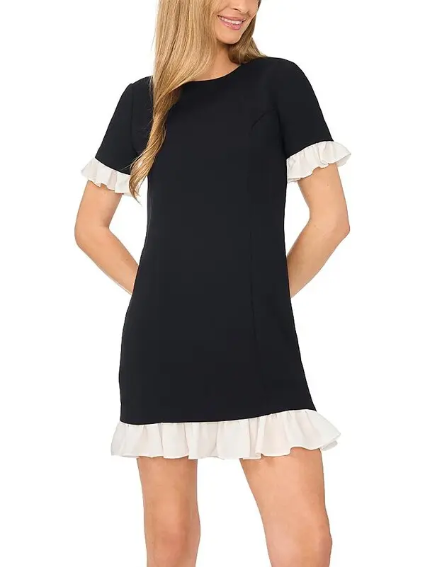 CECE DUPRAZ Round Neck Contrast Ruffle Trim Dress - Rich Black