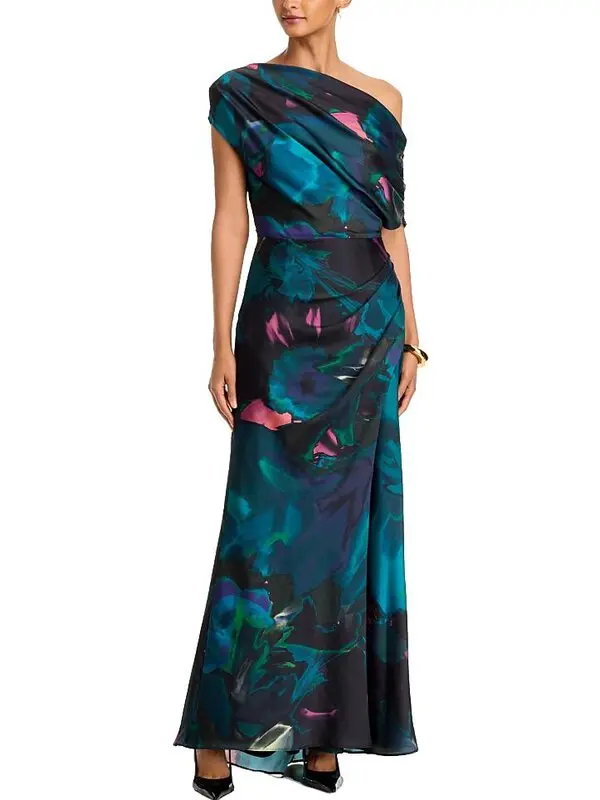 Aqua One Shoulder Satin Column Gown - Teal/multi