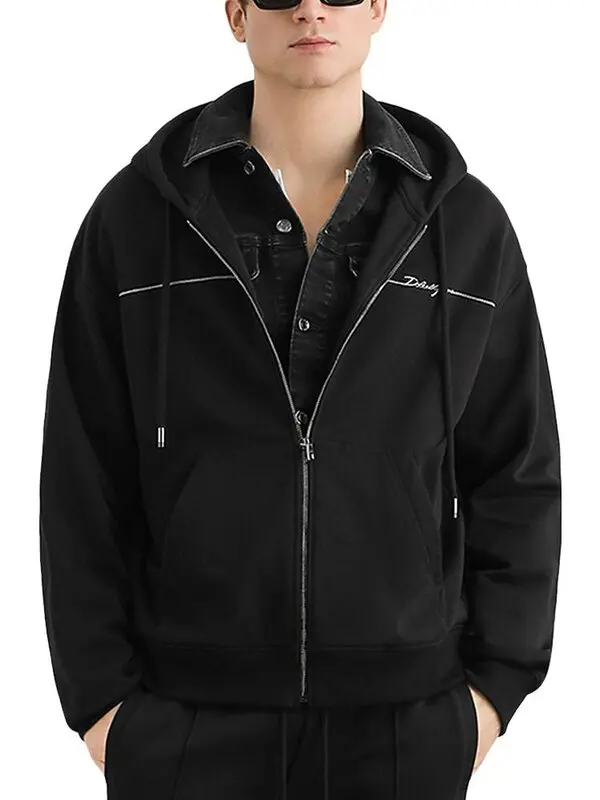 Dolce & Gabbana Zip Logo Drawstring Hooded Sweatshirt - Black