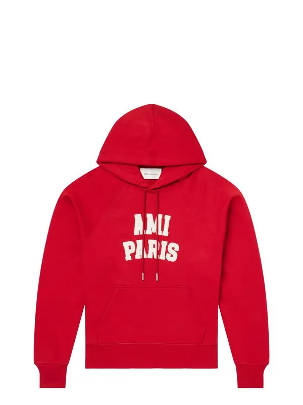 AMI Paris Logo-embroidered Organic Cotton-fleece Hoodie - Red