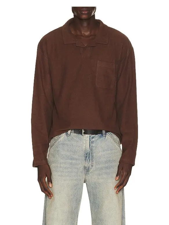 RHYTHM Vintage Terry Long Sleeve Polo In Brown - Chocolate