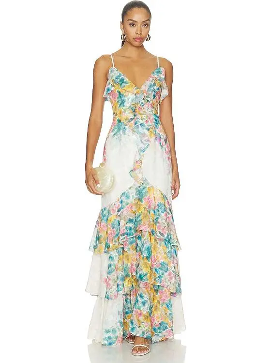 ELLIATT Clementina With Ruffle Detailing Maxi Dress In White - Multi