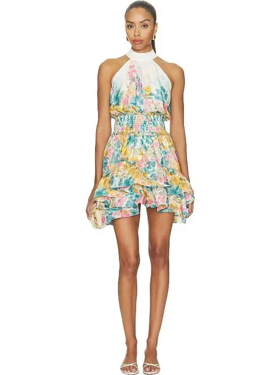 ELLIATT Clementina Halter Neck Fit And Flare Mini Dress In White - Multi