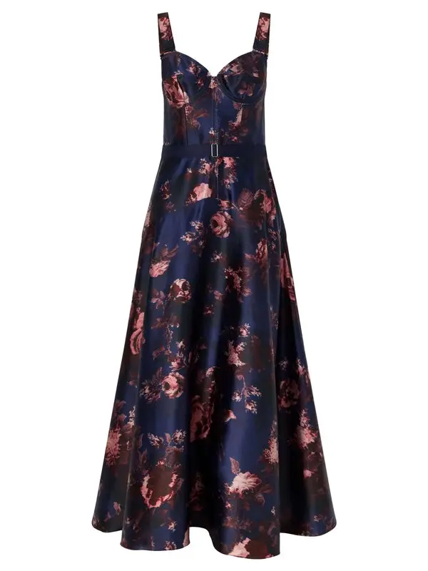 Erdem Belted Floral-print Duchess-satin Bustier Midi Dress - Navy