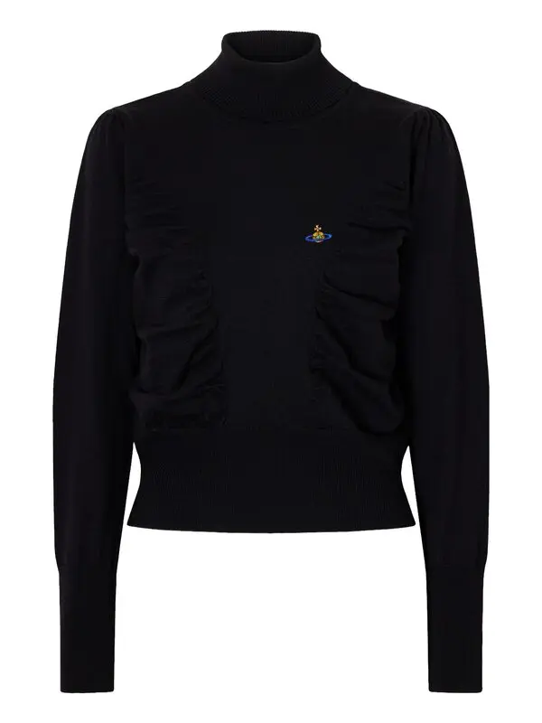 VIVIENNE WESTWOOD Pamela Logo-embroidered Gathered Wool High-neck Sweater - Black