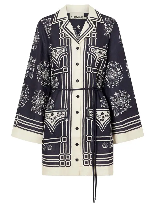 ALEMAIS Banderra Belted Printed Linen Mini Dress - Black