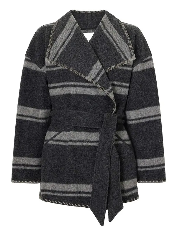 MARANT ETOILE Brea Belted Striped Brushed Coat - Gray