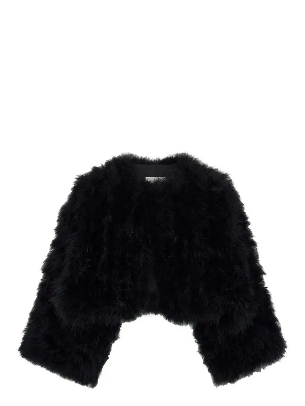YVES SALOMON Cropped Feather-embellished Satin Cape - Black