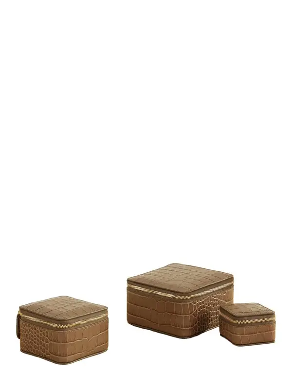 Smythson Mara Set Of Three Croc-embossed Leather Jewelry Cases - Brown