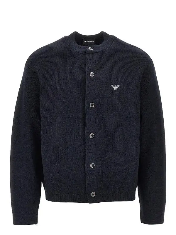 Emporio Armani Wool And Cotton Crewneck Cardigan - Blue