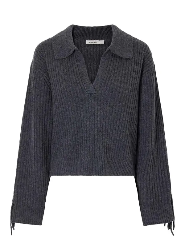 Simkhai Natalia Fringed Ribbed Wool And Recycled Cashmere-blend Polo Sweater - Charcoal