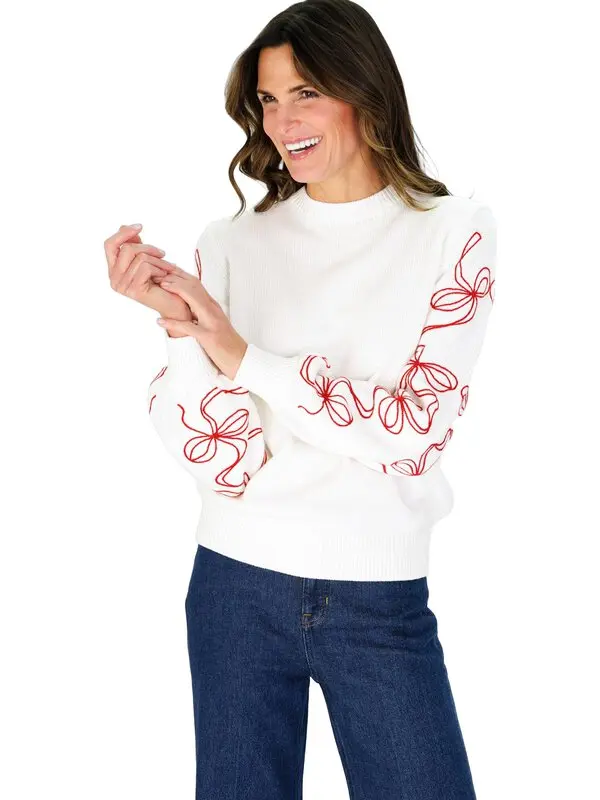 DUFFIELD LANE Bow Sleeve Crew Neck Sweater - Ivory